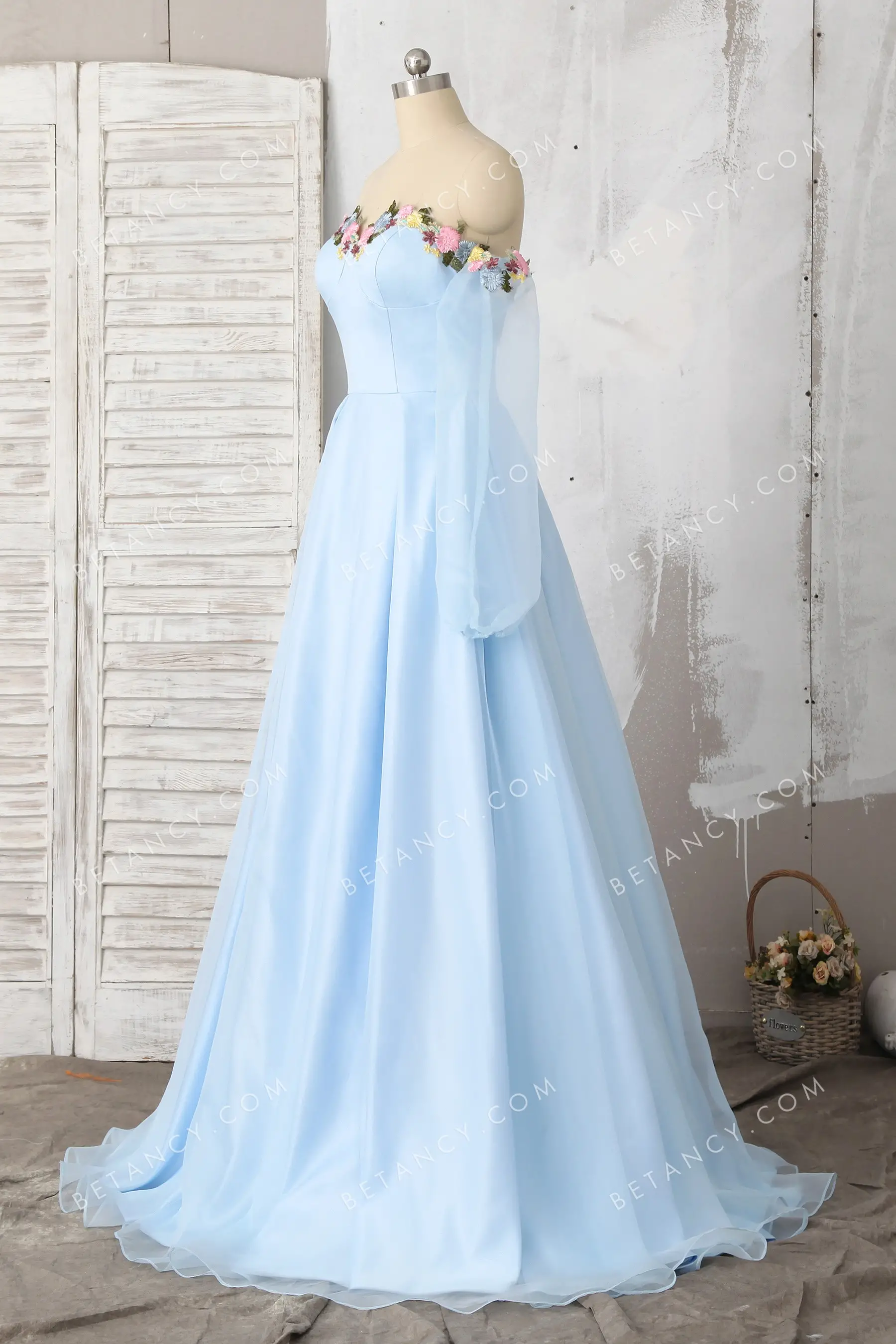 3D Flowers Sweetheart Off-the-shoulder Sky Blue Dress - BETANCY