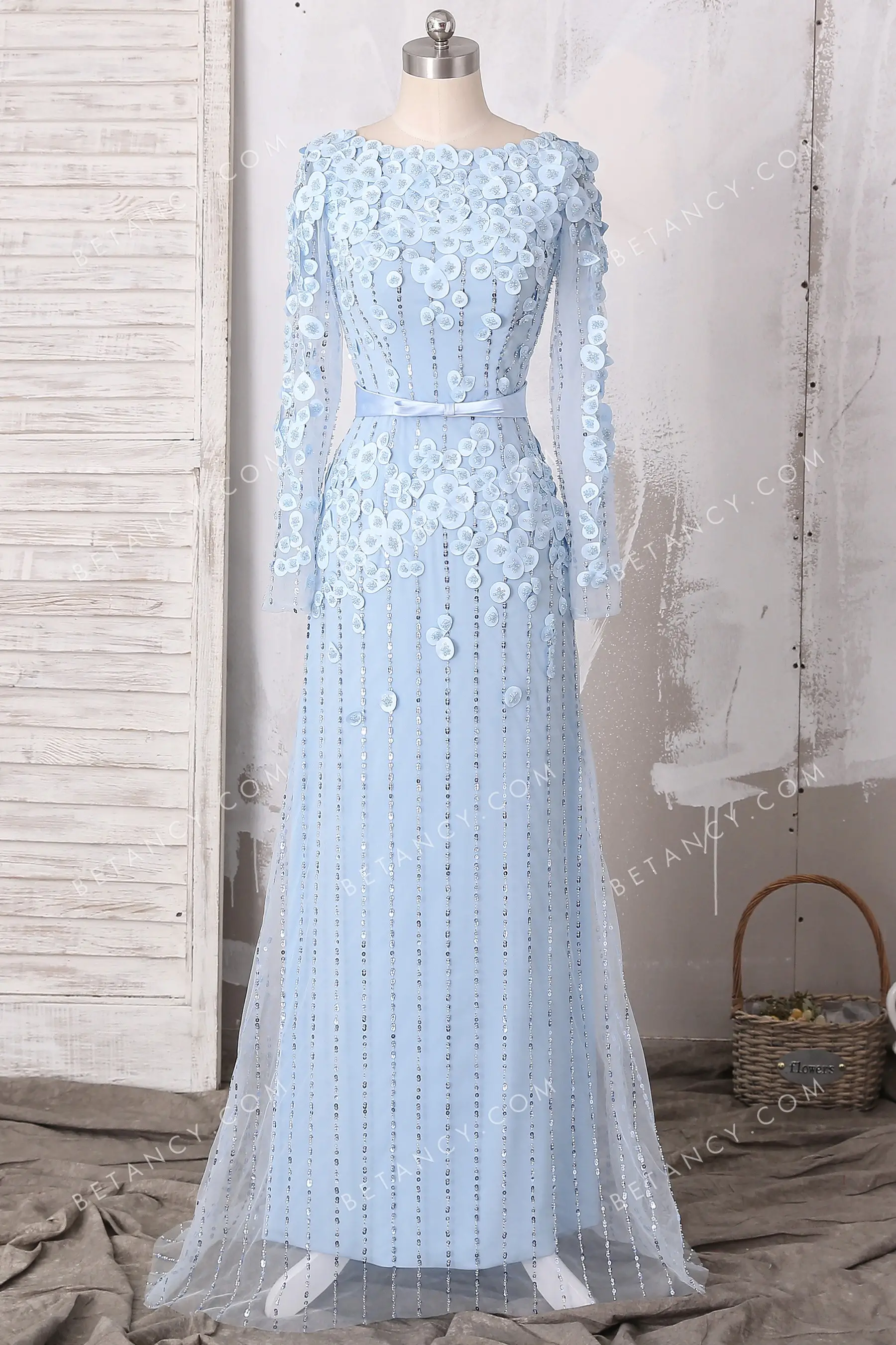 Beaded Petals Ice Blue Satin and Tulle Formal Dress - BETANCY