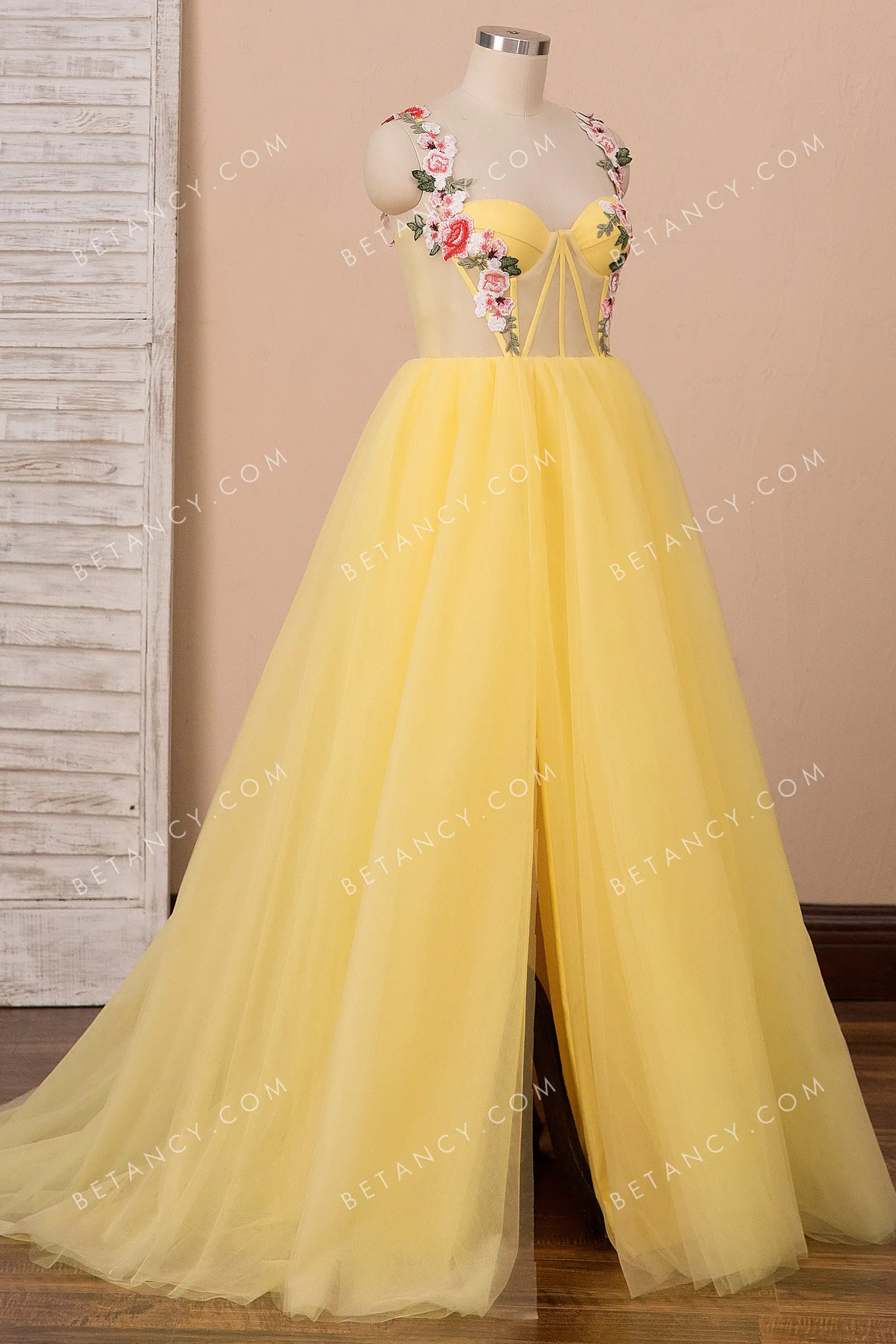 Fairy Peach Blossom Straps Yellow Tulle Formal Gown - BETANCY