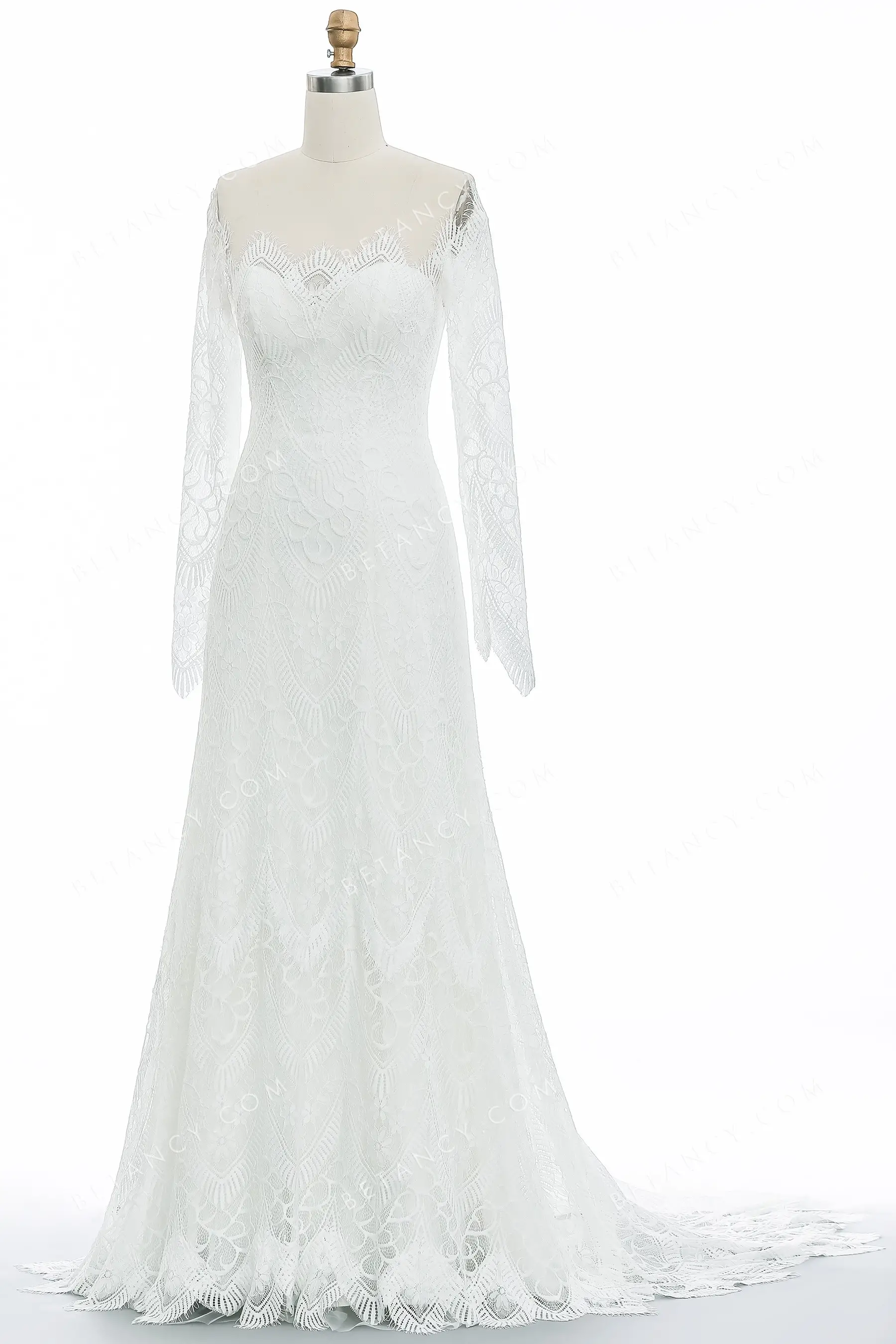Scalloped Neckline & Long Sleeve Lace Bridal Dress - BETANCY