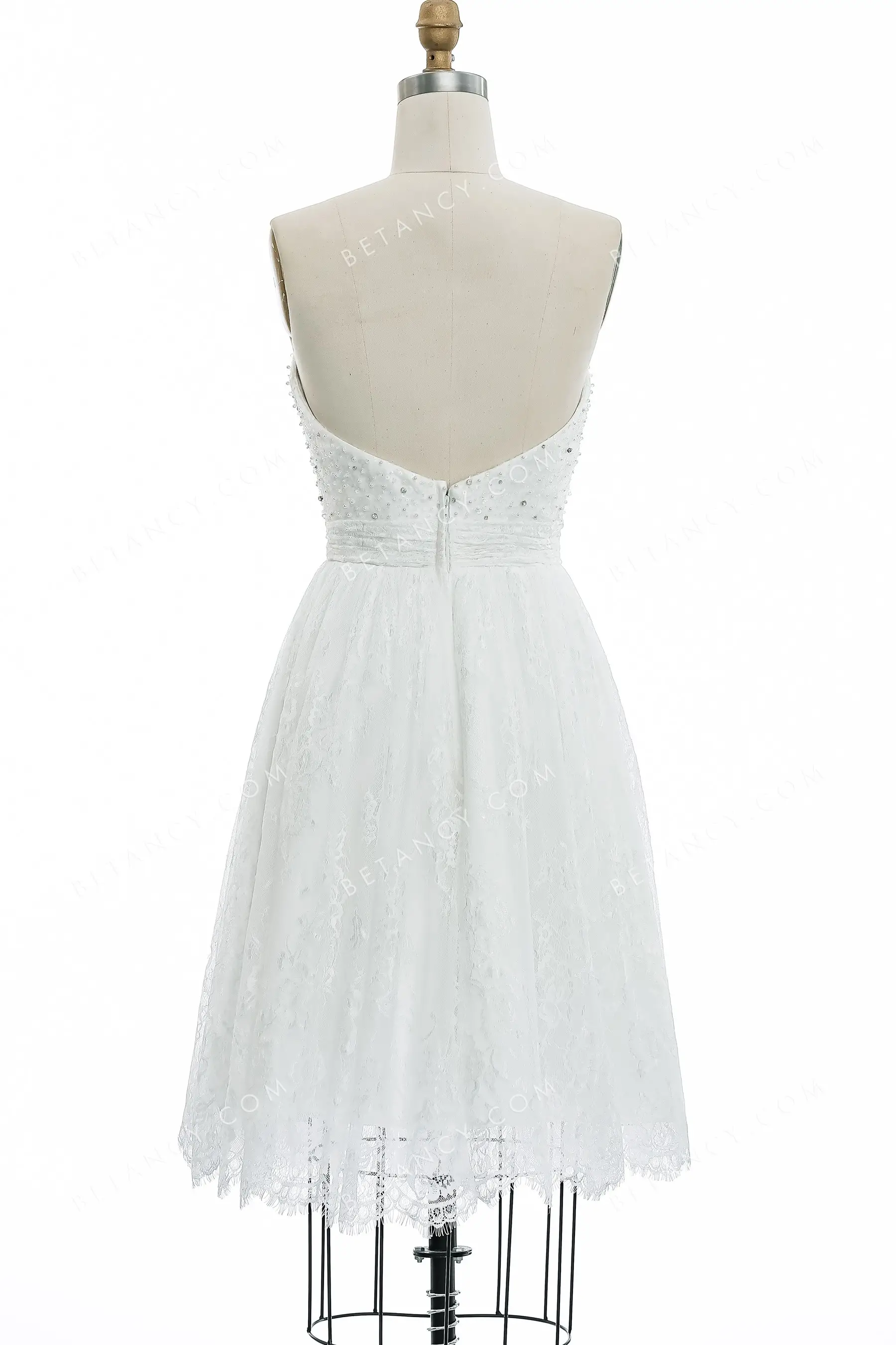 Beaded Strapless Sweetheart Short Lace Bridal Dress - BETANCY