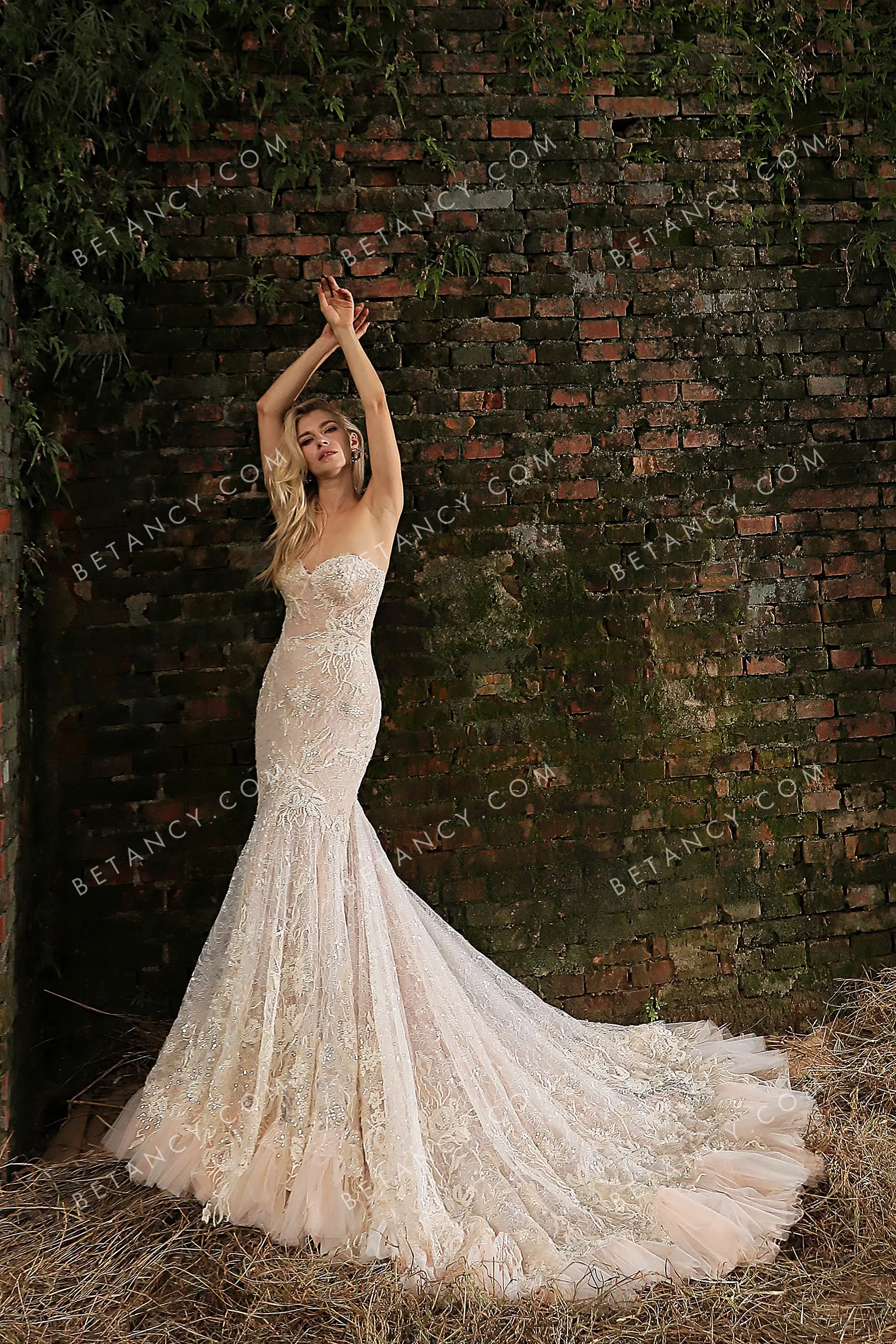 Strapless Sweetheart Beaded Lace Dusty Rose Bridal Gown - BETANCY