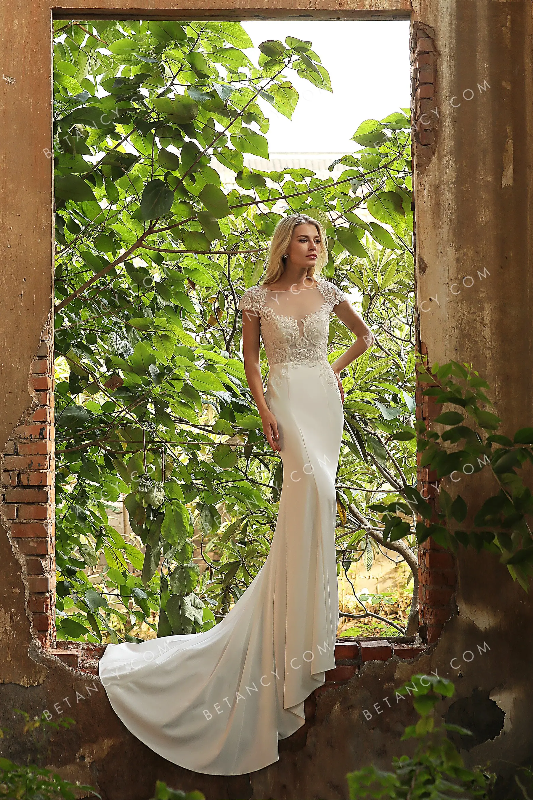 Alluring Lace Cap Sleeve Fishtail Satin Wedding Gown - BETANCY