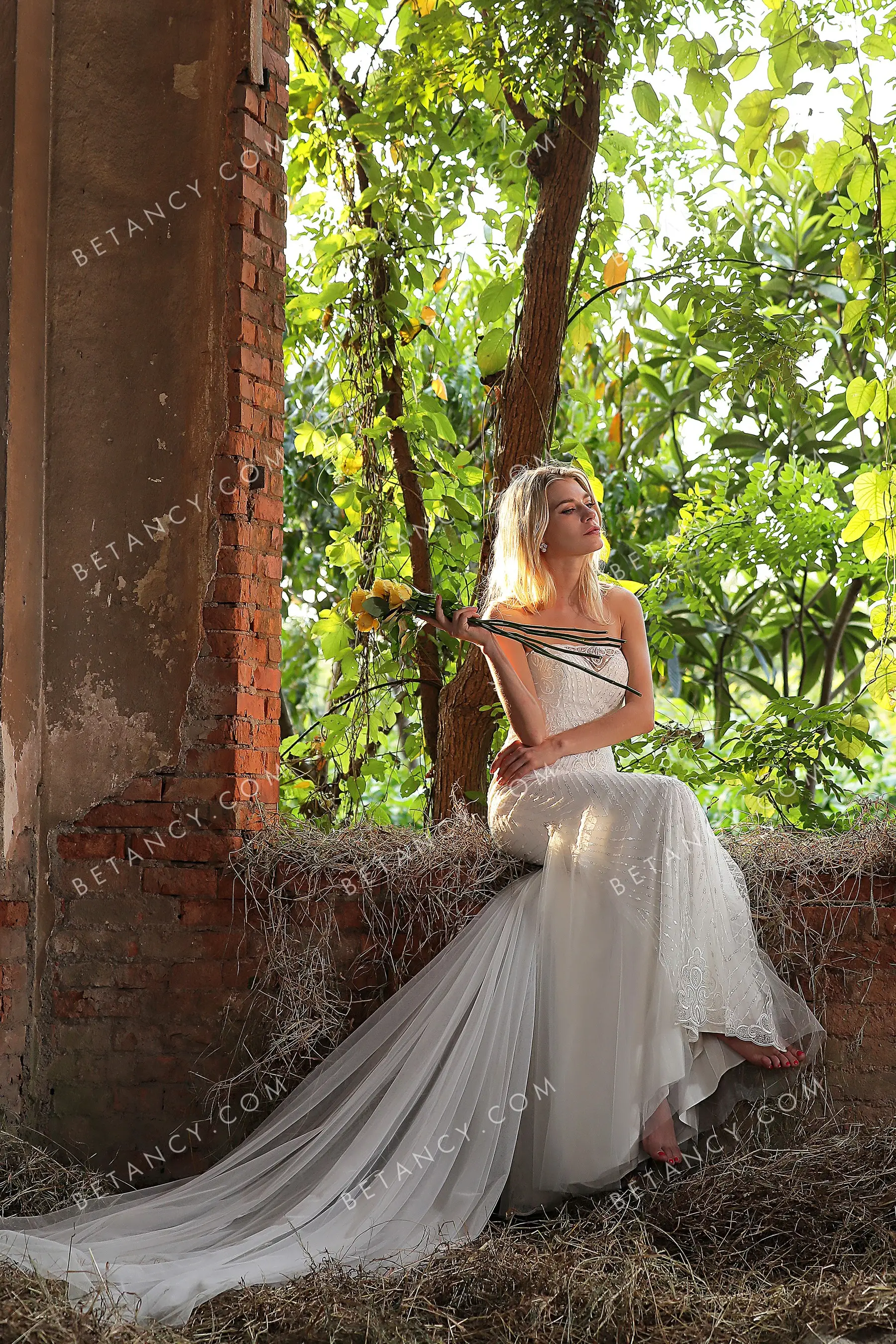 Beaded Linear Lace Strapless Mermaid Modern Bridal Gown - BETANCY
