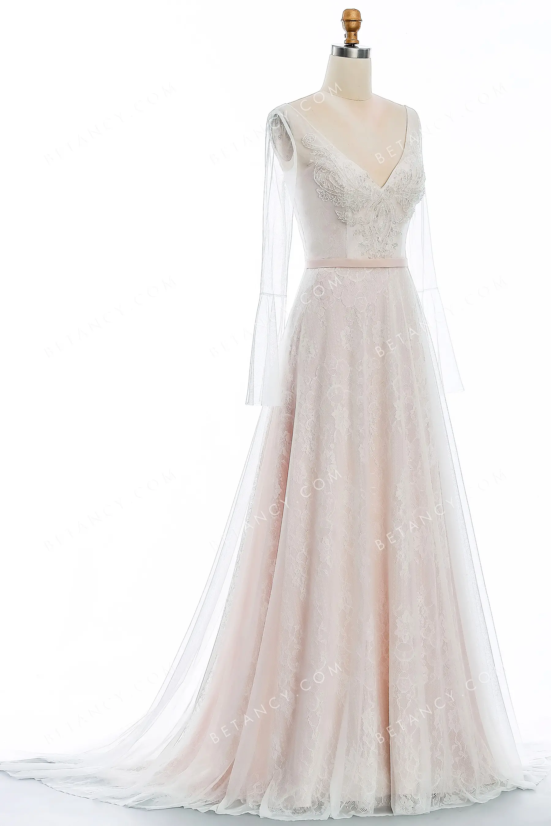 Glamorous Sequinned Wholesale Pearl Pink Wedding Dress - BETANCY