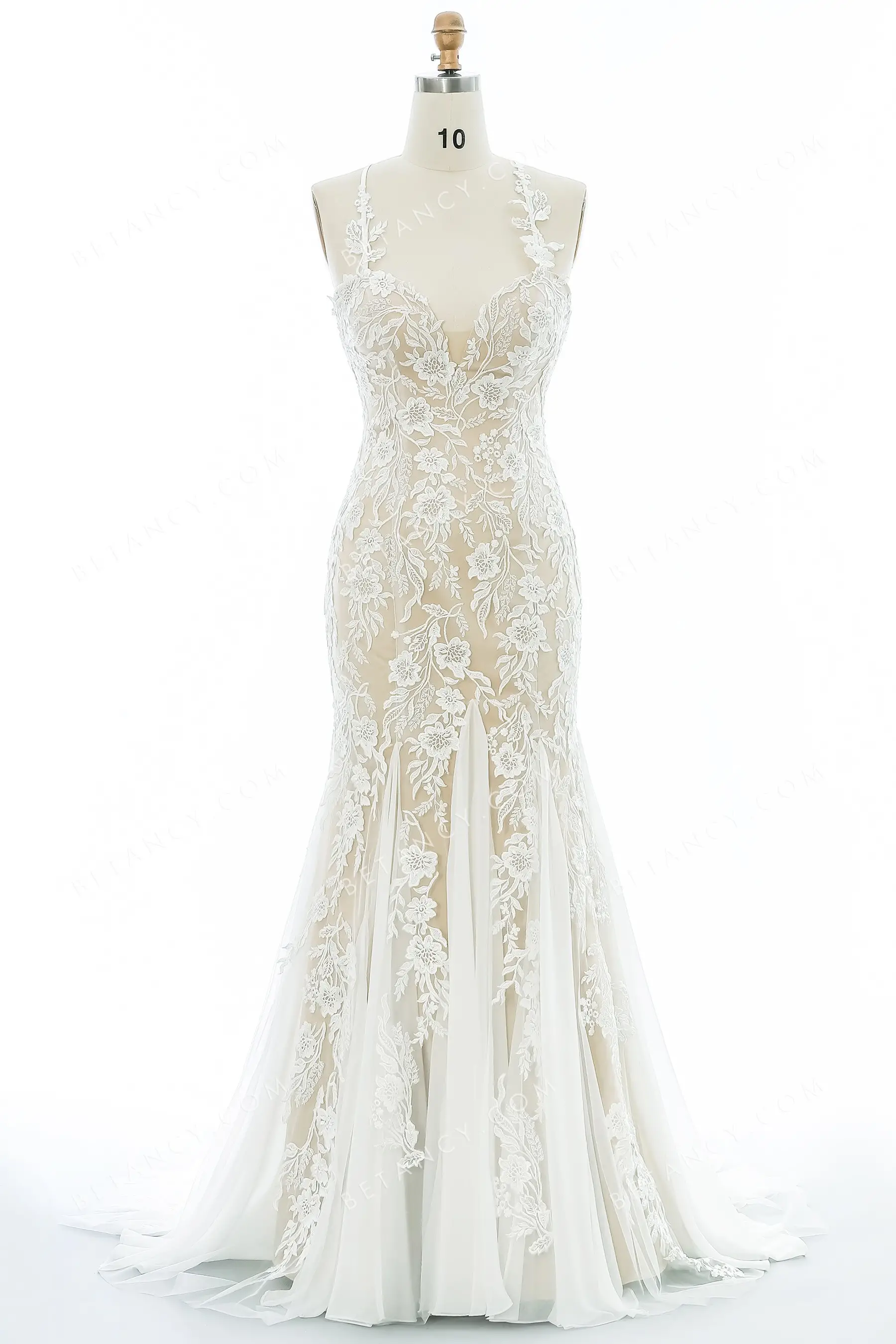 Champagne Mermaid Lace Wedding Dress with Chiffon Godet - BETANCY