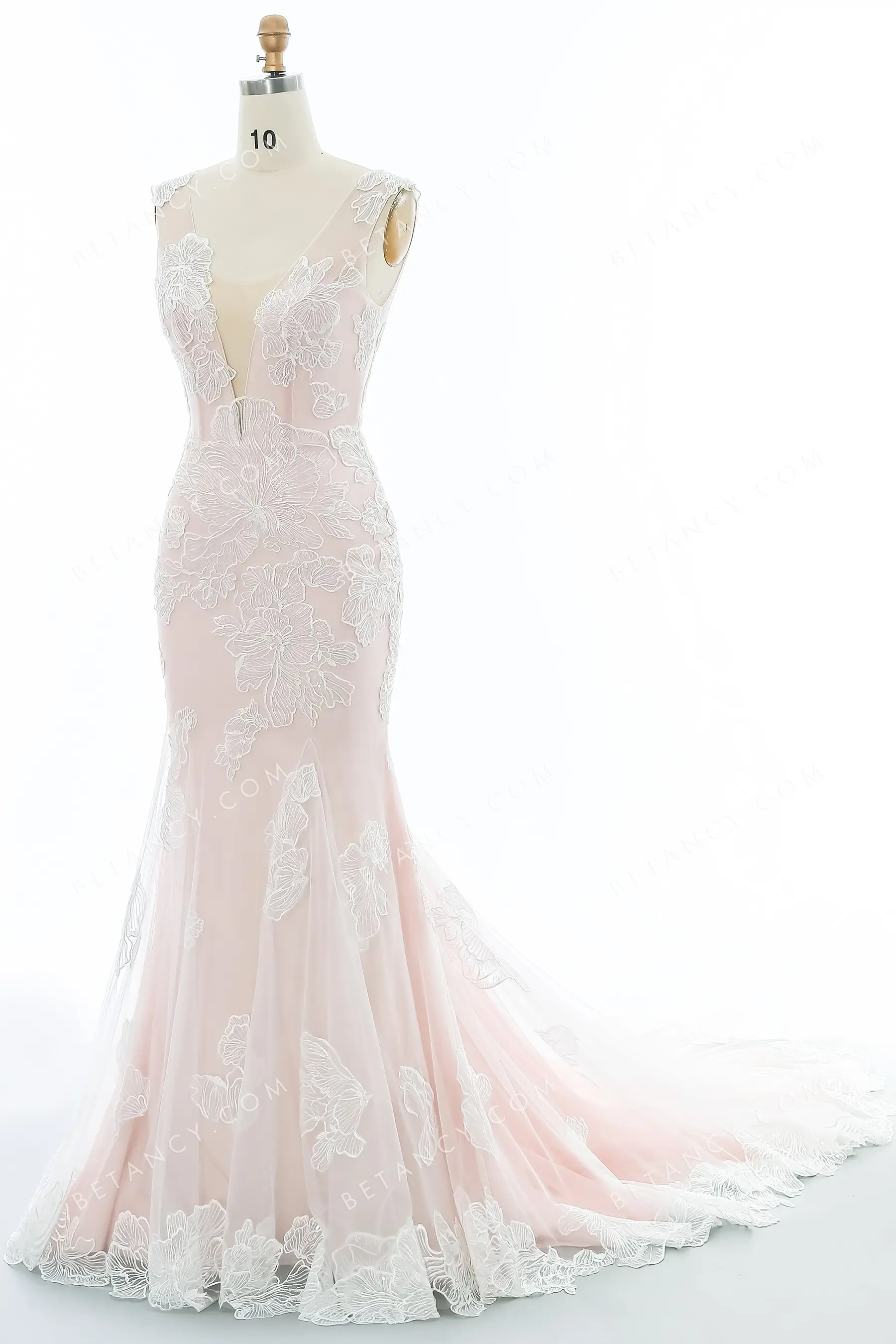 Glamorous Flower Lace Pink Fishtail Wedding Dress - BETANCY