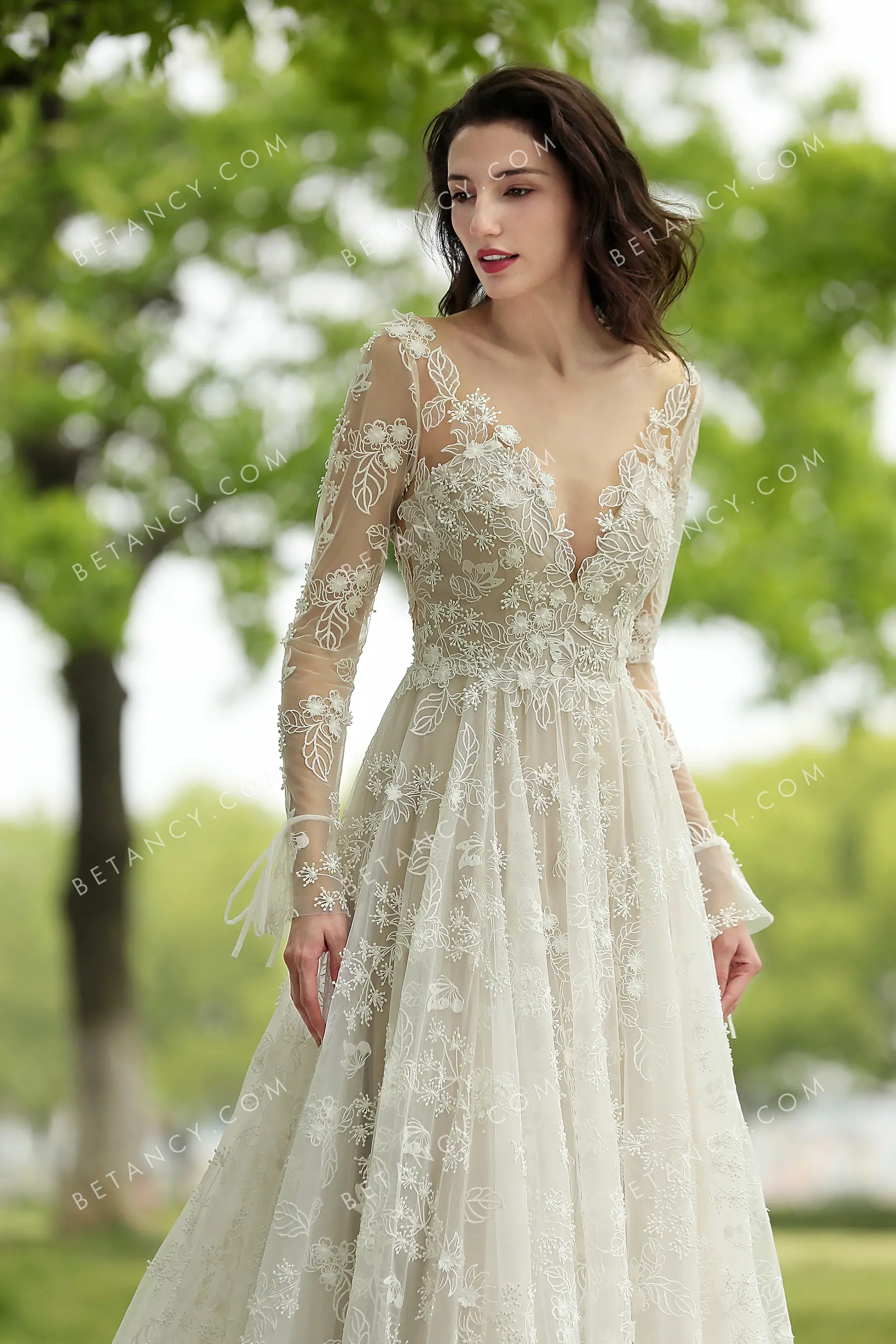 Romantic Flowers & Butterflies Lace Beige Wedding Dress - BETANCY