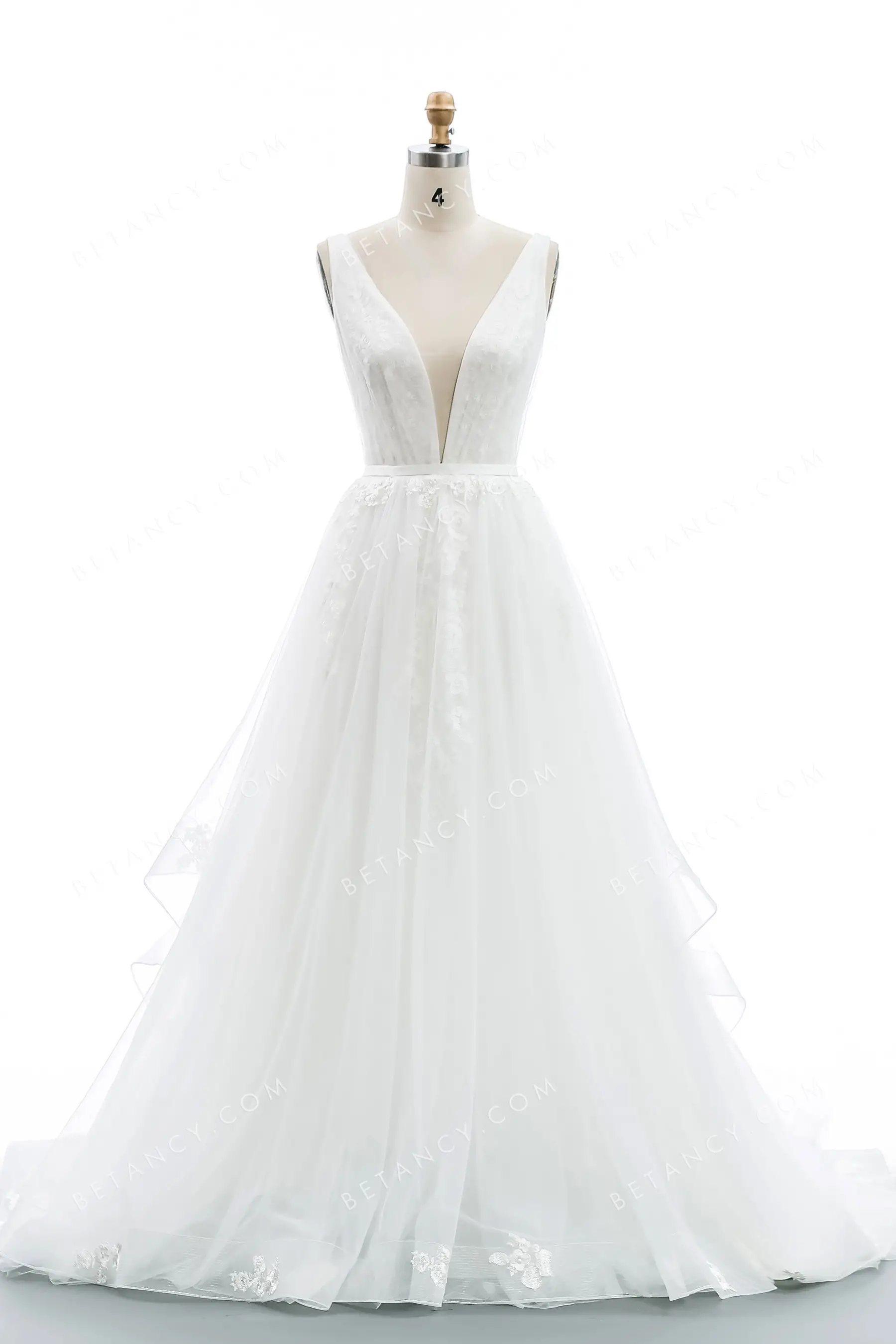 Plunging V Neckline & V Back Ivory Tulle Bridal Gown - BETANCY